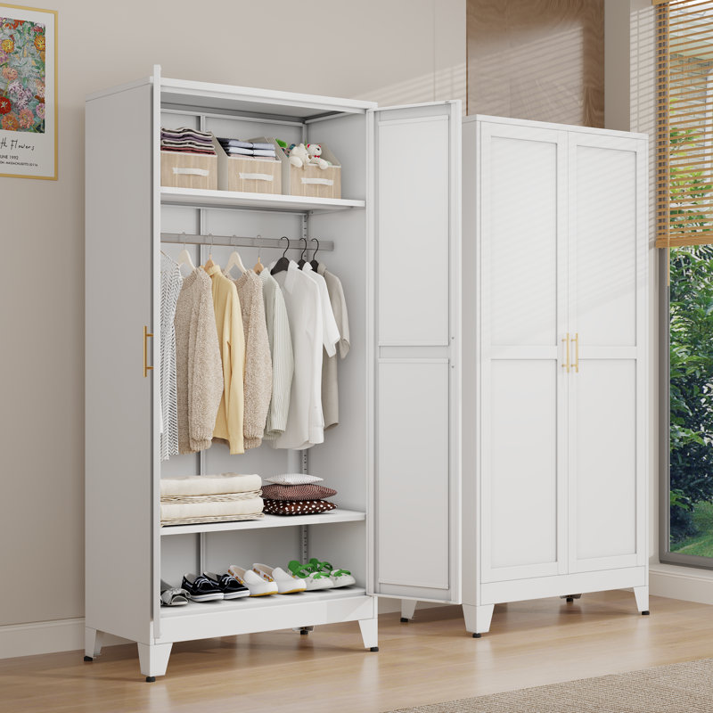 Metal Clothing Storage Cabinets Armoire Wardrobe Closet with Hanging Rod and Adjustable Shelves for Bedroom George Oliver Color White